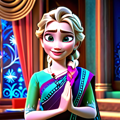 Elsa hug Anna in saree indian smile frozen disney smile look at camera ...