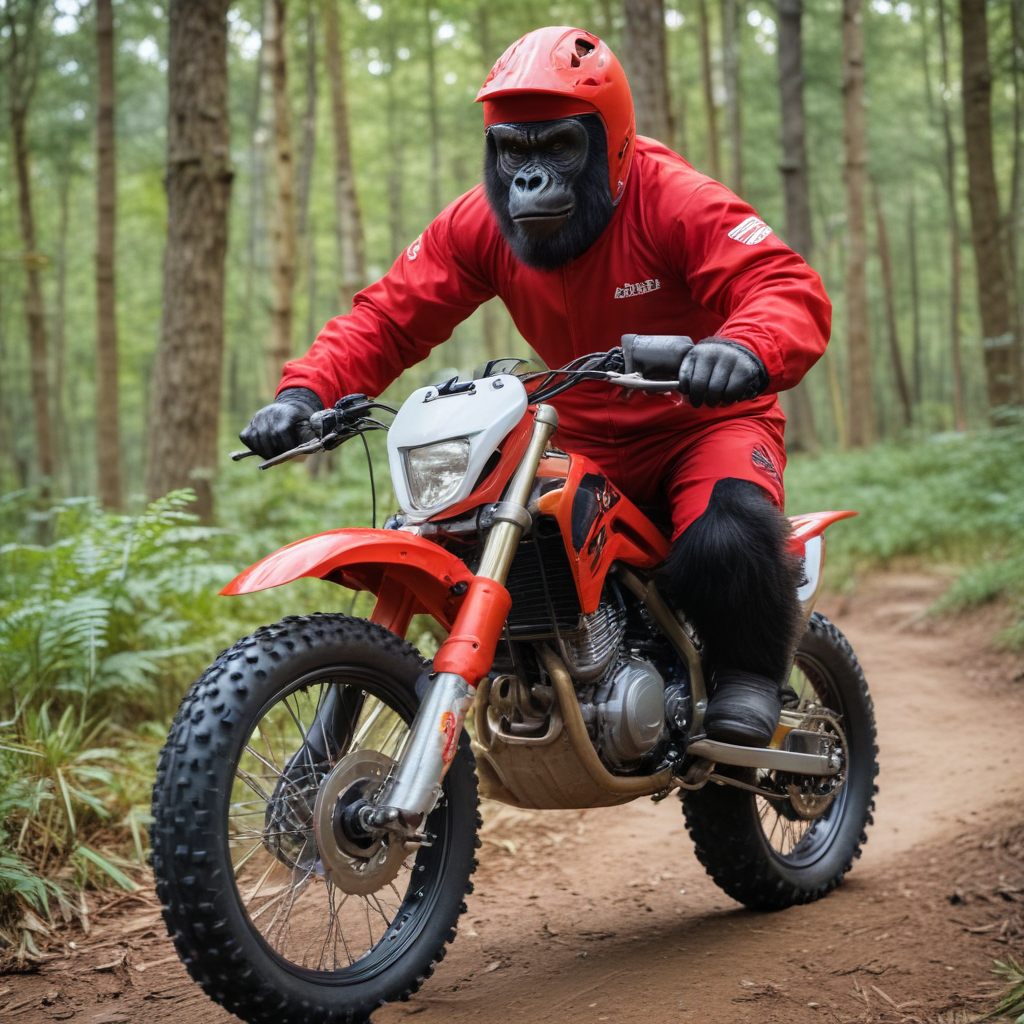 a muscular gorilla riding a red motocross bike on a trail in the woods