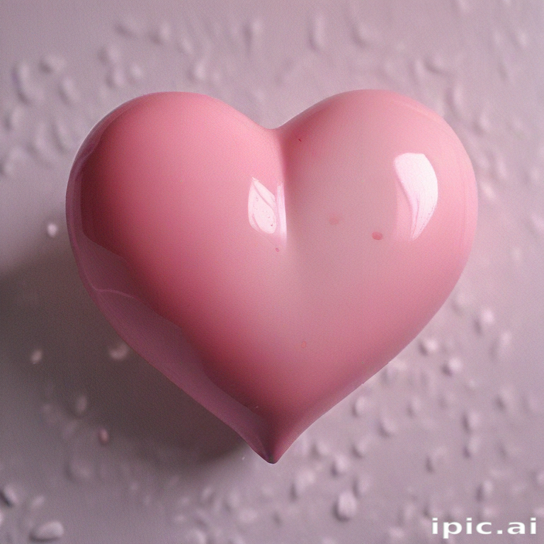 A Shiny Pink Heart on a Wet Surface Reflecting Soft Light.