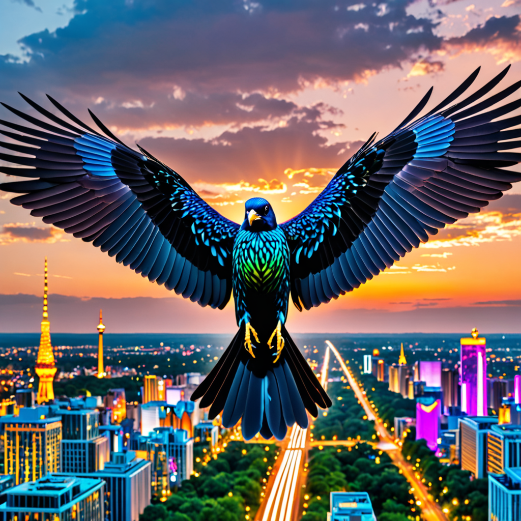 A colorful metallic cyborg starling bird opens it's wings as if to ...