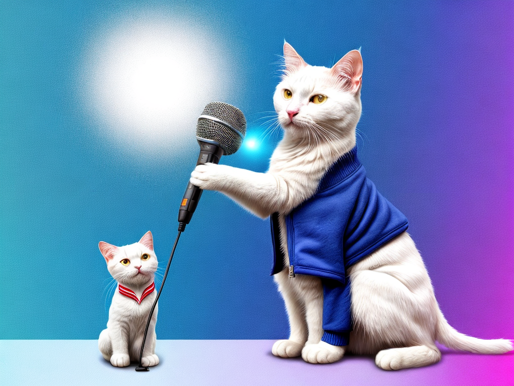 white cat in a shiny jacket singing into a microphone on a stage