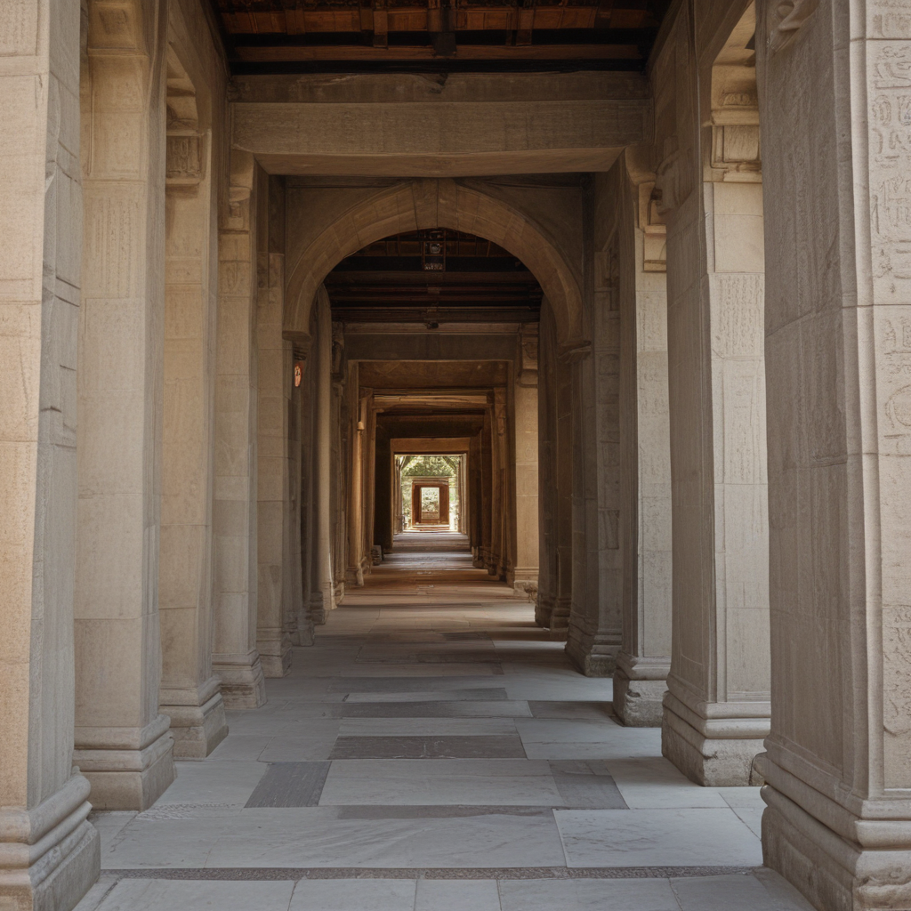 at the entrance of the temple, facing a long corridor. The temple has ...