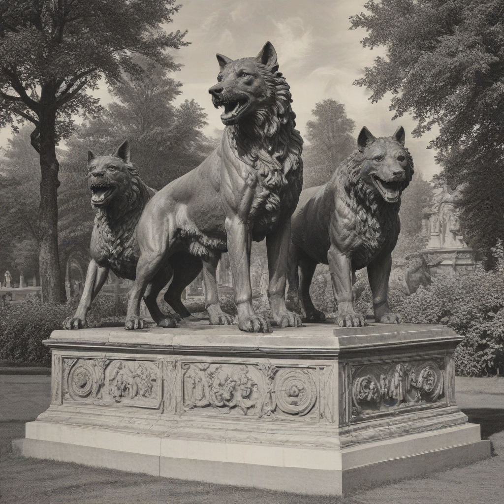 An etching showing a statue of Cerberus the hellhound with 3 heads, in ...