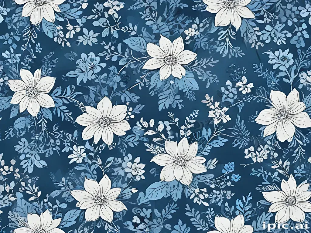 Elegant Floral Pattern with White Flowers Against a Deep Blue Background