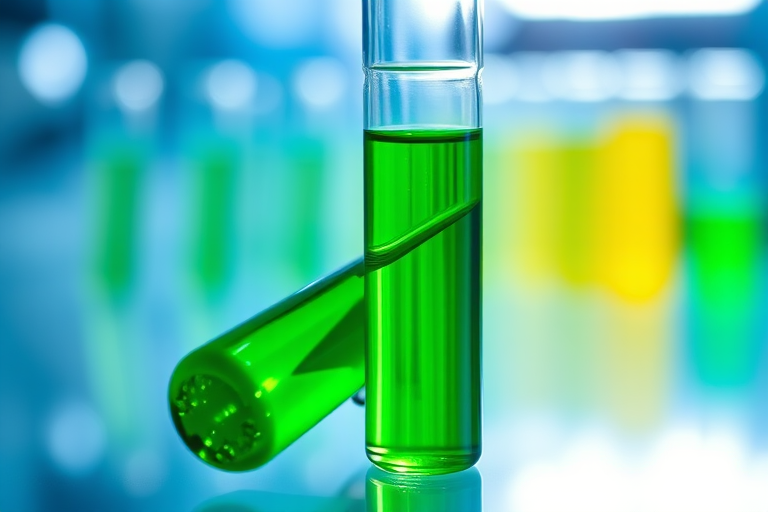 Colorful Laboratory Experiment with Green Liquid in Test Tubes and Beakers