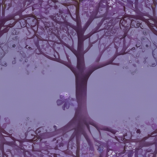 one purple tree with octopuses falling from the branches