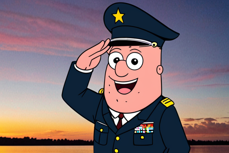Patrick star in a general's uniform saluting in front of a beautiful sunset