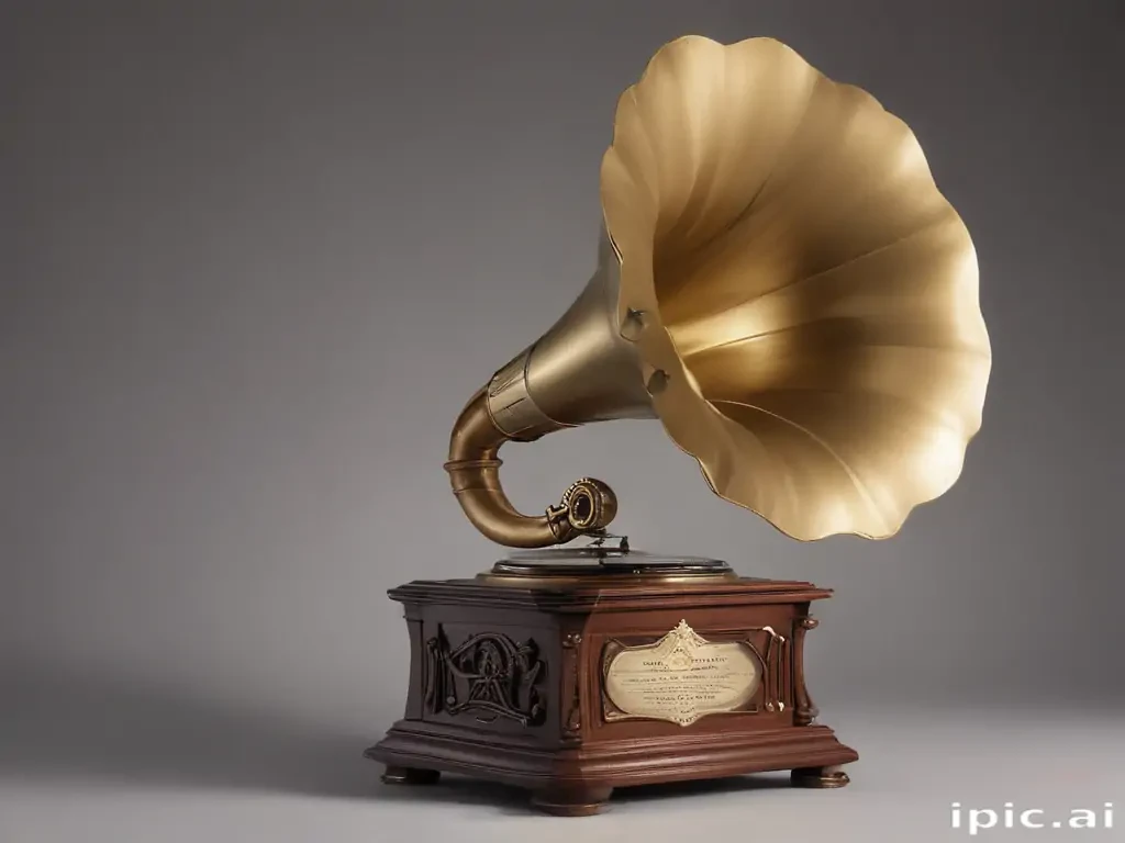 Vintage Gramophone with Large Brass Horn and Ornate Wooden Base