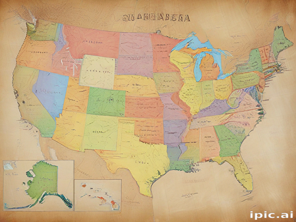 Historical Map of the United States Featuring State Borders and ...