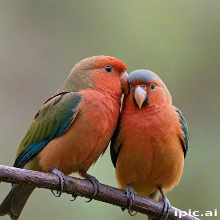 Two Colorful Birds Affectionately Cuddling Together on a Branch in Nature.
