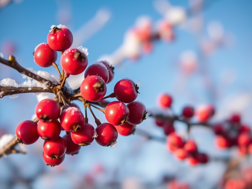 frozen berries on branches in winter, macro shot, soft focus, natural ...