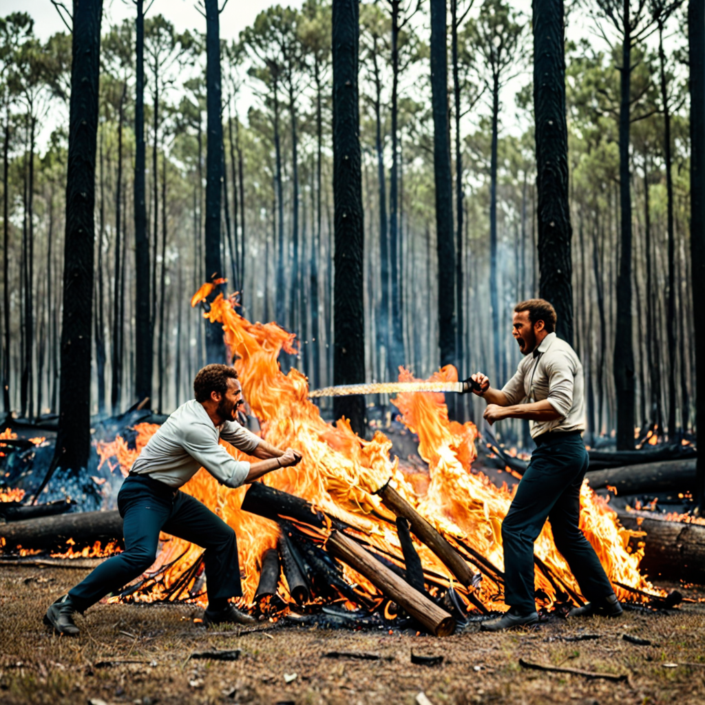 Two men fighting in the middle of forest on fire