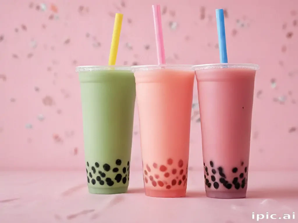Three Colorful Bubble Tea Drinks with Straws Against a Pink Background