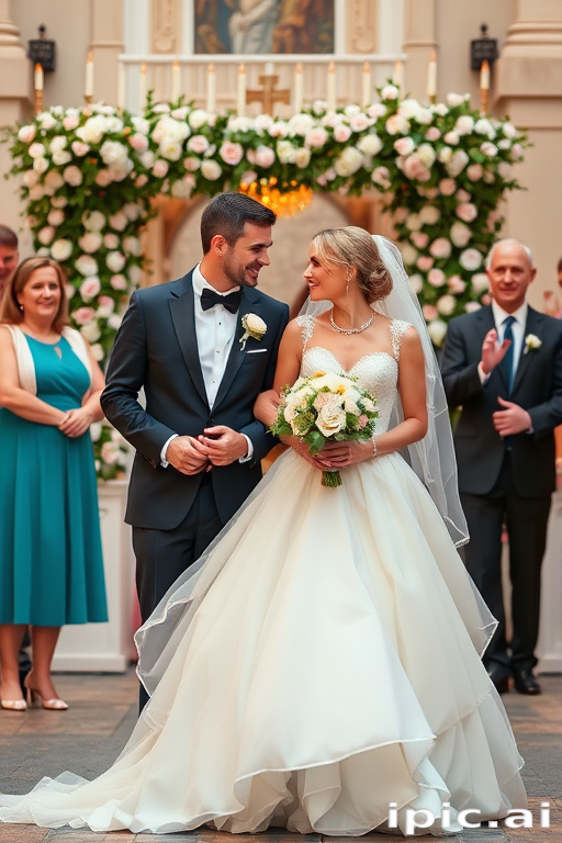 Joyful Couple Exchanging Vows Amidst Beautiful Floral Decorations at ...