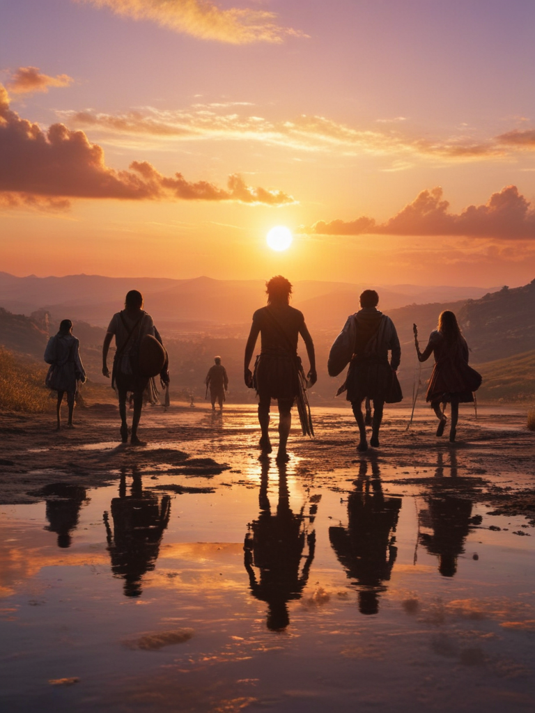 Nine people, Adventure, back view, sunset, fantasy