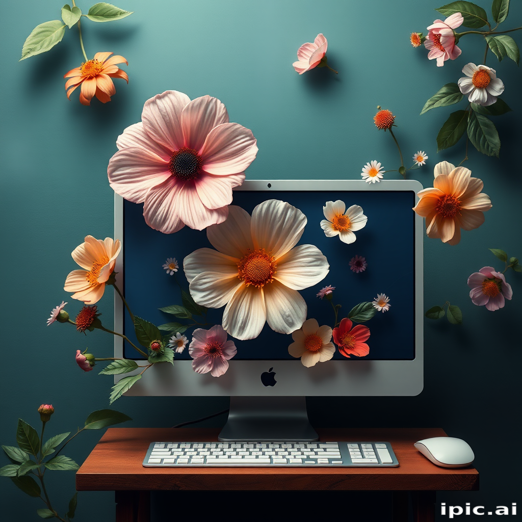 Blossoming Flowers Surrounding a Modern Computer on a Vibrant Background