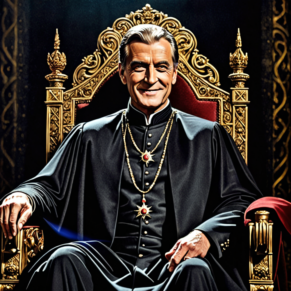 sadistic emperor smiling in the dark sitting on his throne