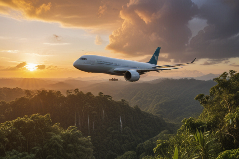 plane flying over jungle while sunset