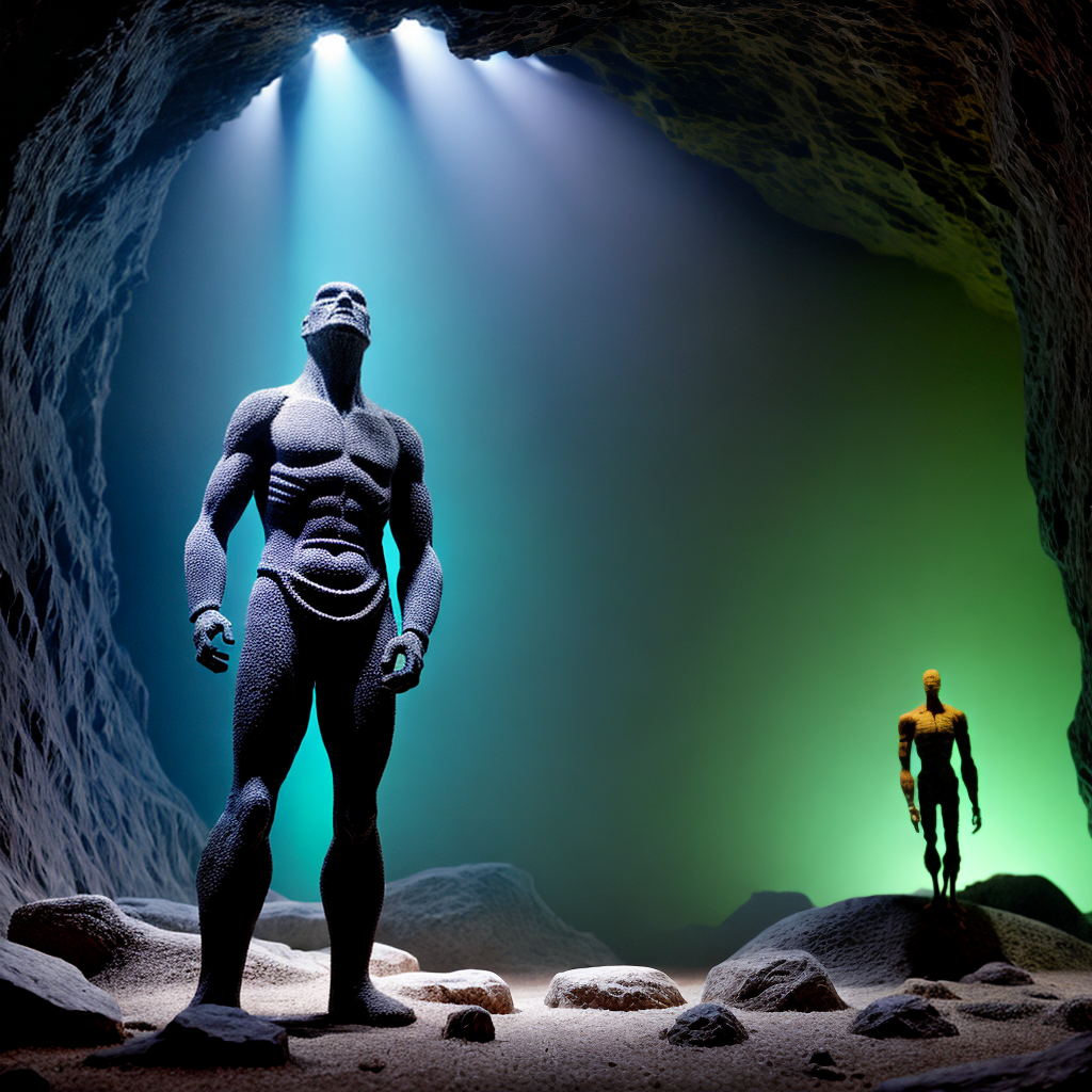 Theatre stage. A cavern man make sound with a rare electronic object ...