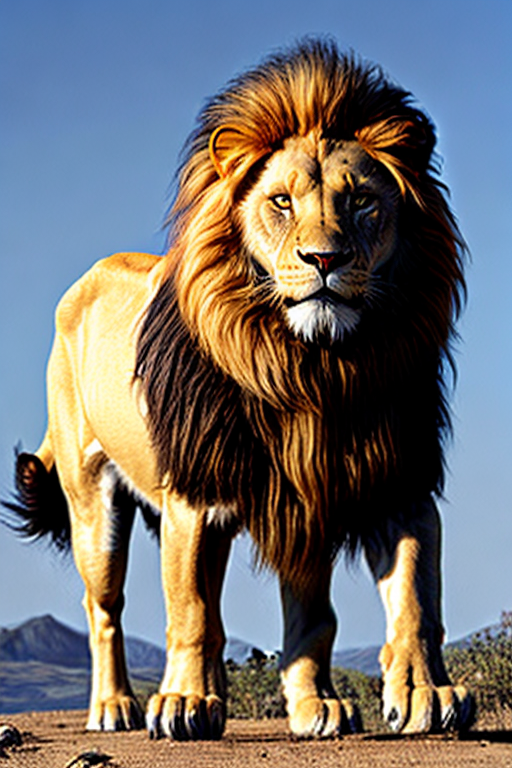 In an otherworldly realm, a humanoid lion strides majestically, a ...