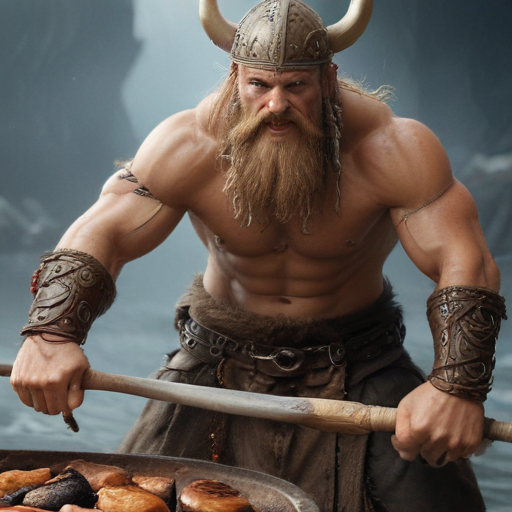 Viking Warrior Cooking Over a Fire in a Mystical Landscape