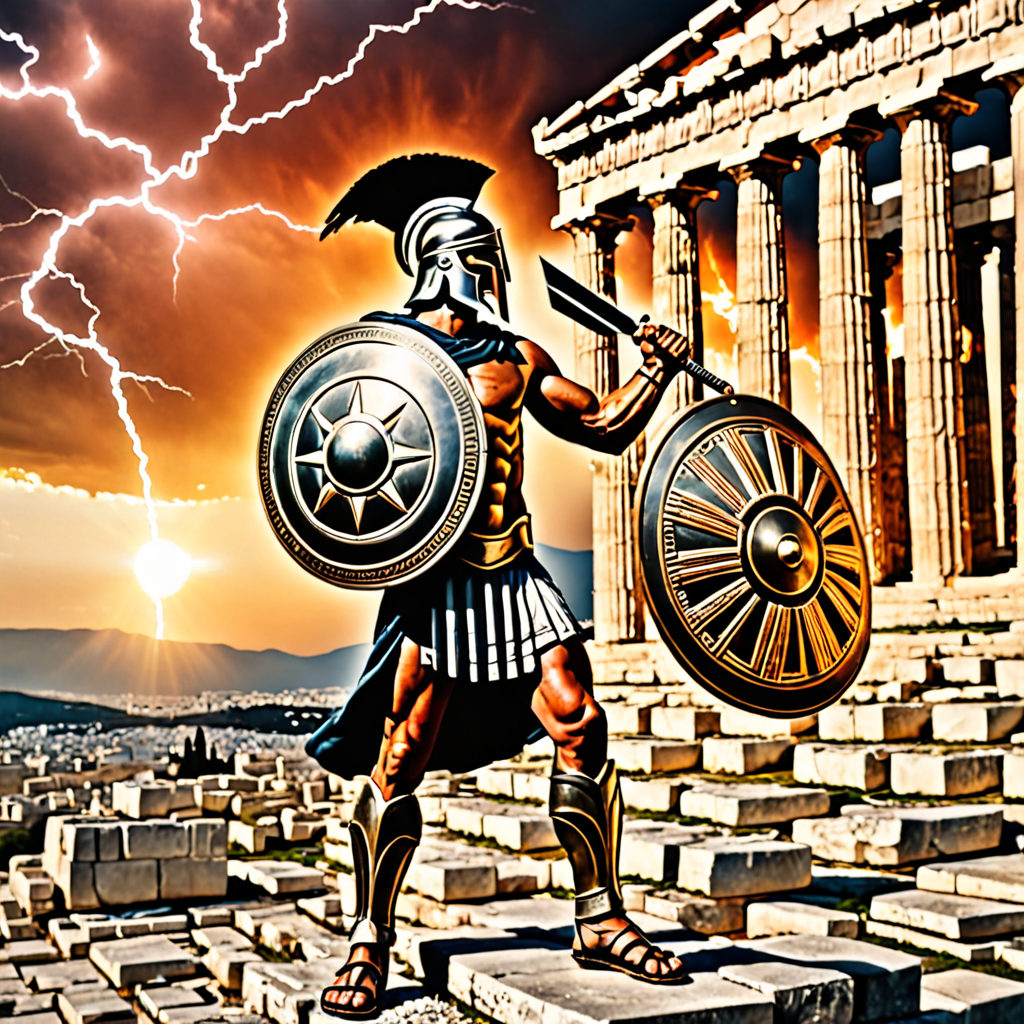 an ancient spartan warrior with a sword and a shield anf the Parthenon ...