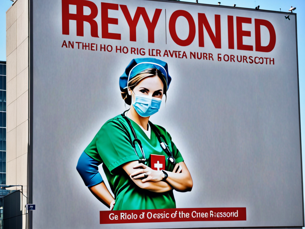 A Real Nurse in a Beyond Care Scrubs Ad printed on a billboard in the USA