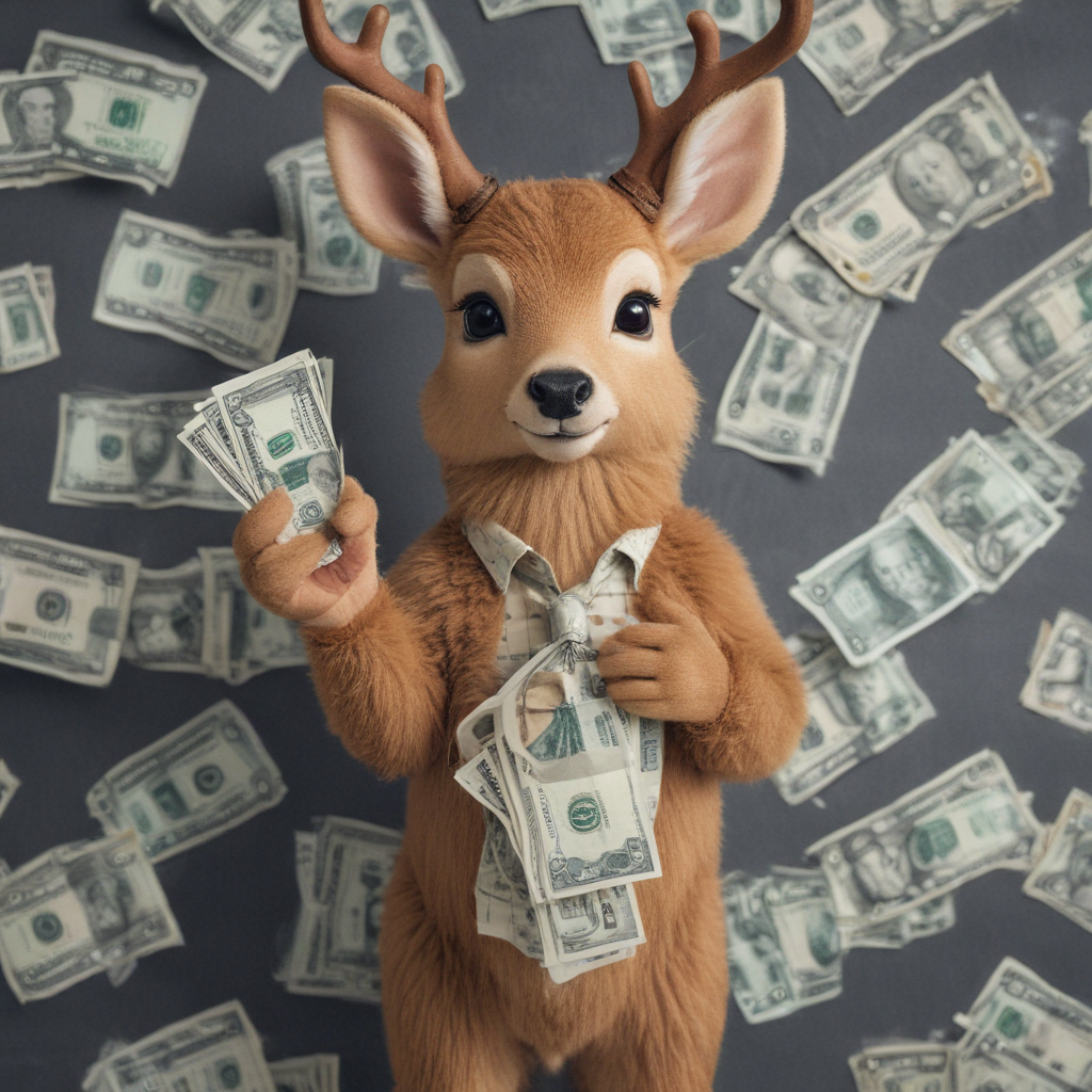 Furry Deer holding money and trains