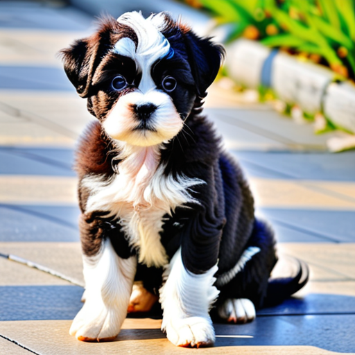 A Playful Puppy with Unique Fur Patterns Sitting on a Sunny Path