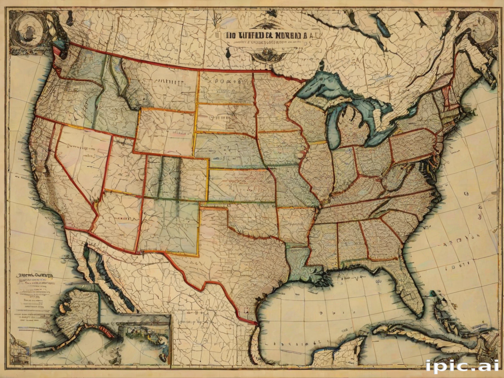 Historic Map of the United States Illustrating State Boundaries and ...