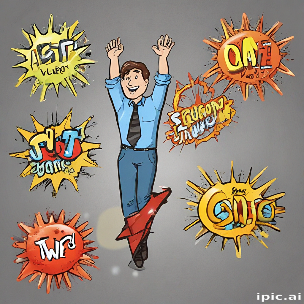 Excited Character Celebrating with Colorful Speech Bubbles and Fun Words