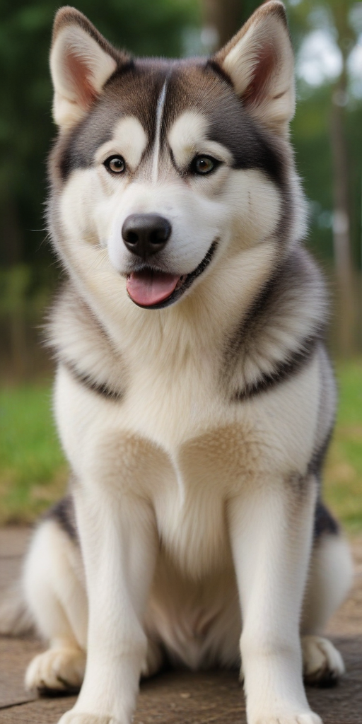A Beautiful Siberian Husky Sitting Happily in a Lush Green Park.