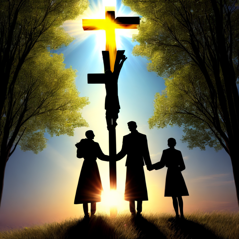 family by the cross holding hands in god's light