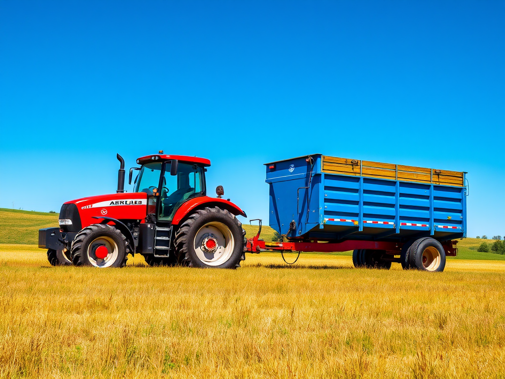 Bright Red Tractor with Blue Trailer in a Golden Harvest Field
