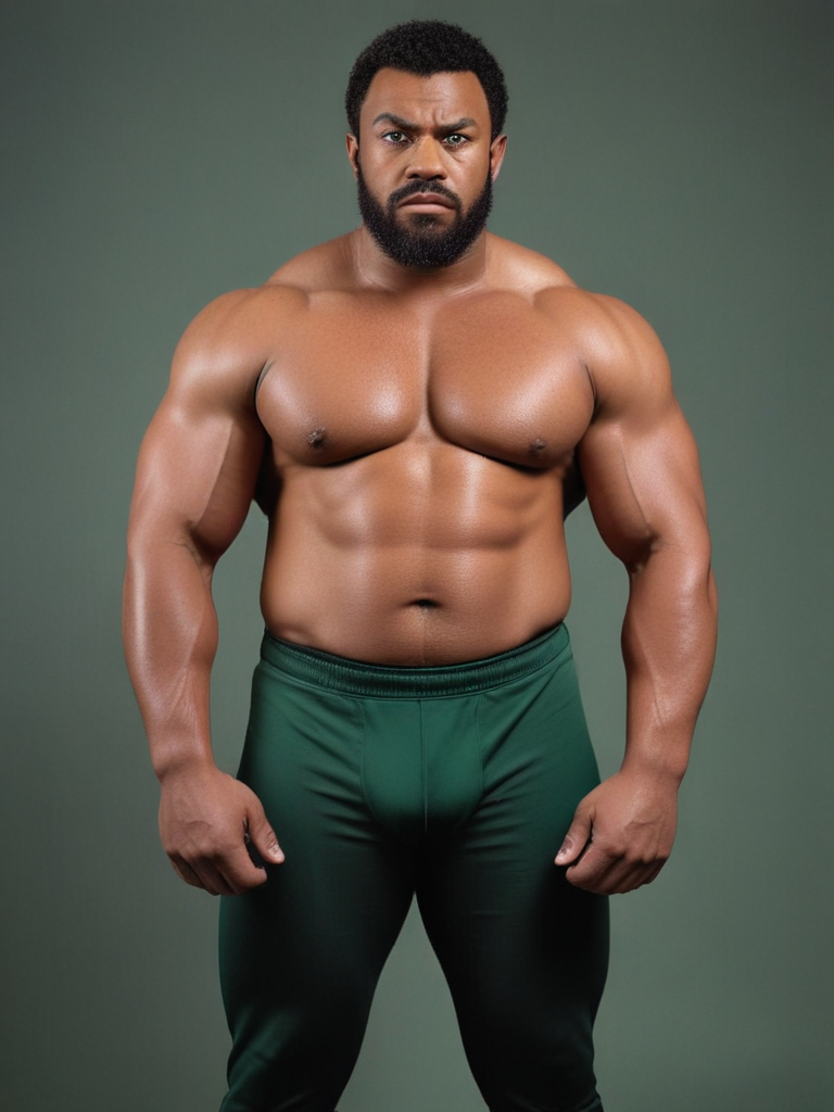 huge muscular overweight strongman black man in black socks, angry eyes ...