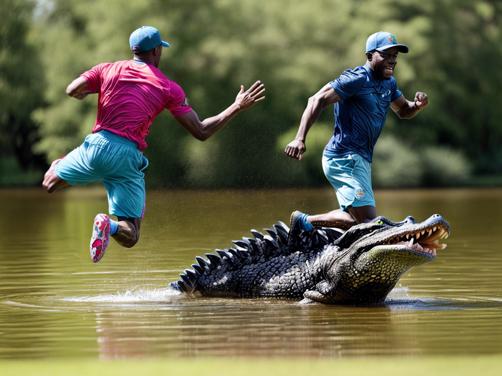 black man kicking an alligator in a pond