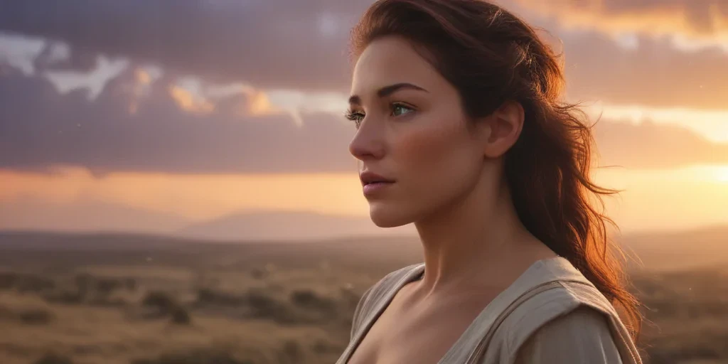 Contemplative Woman Gazes at a Breathtaking Sunset Over Rolling Landscape.