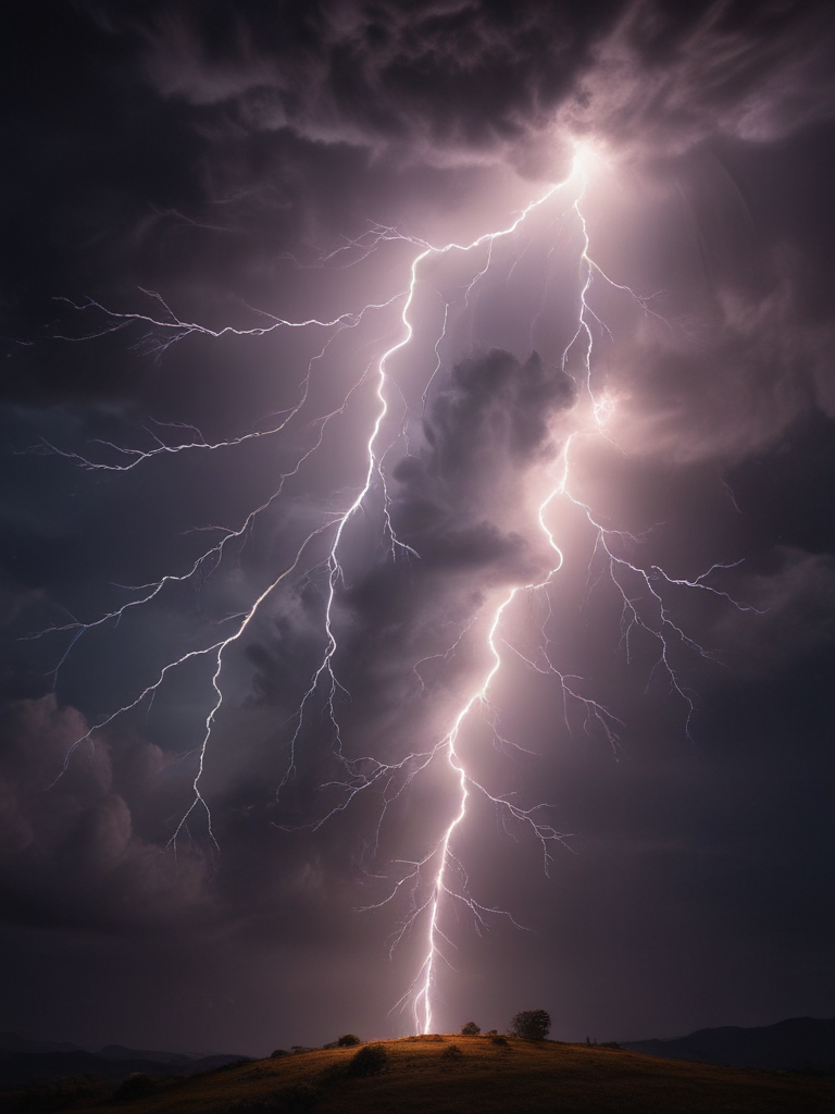 Spectacular Lightning Strikes Illuminating a Dark Stormy Sky Over Mountains