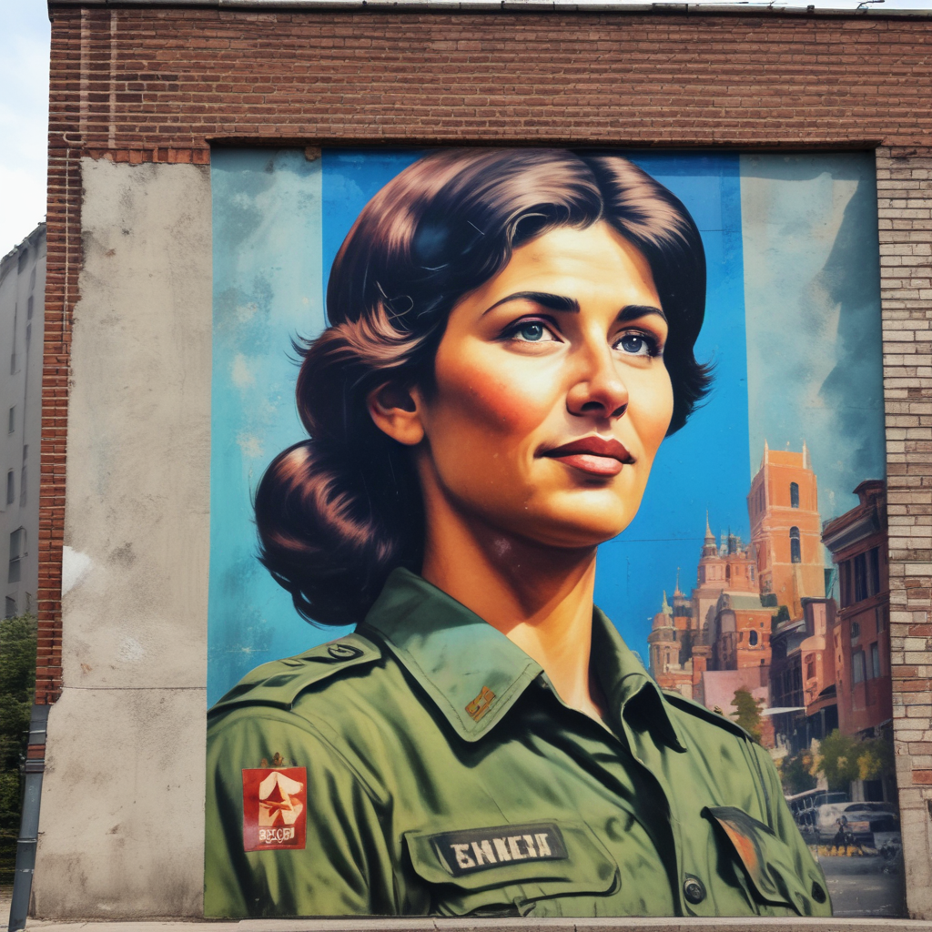 faded and worn Soviet military power style propaganda mural on a ...