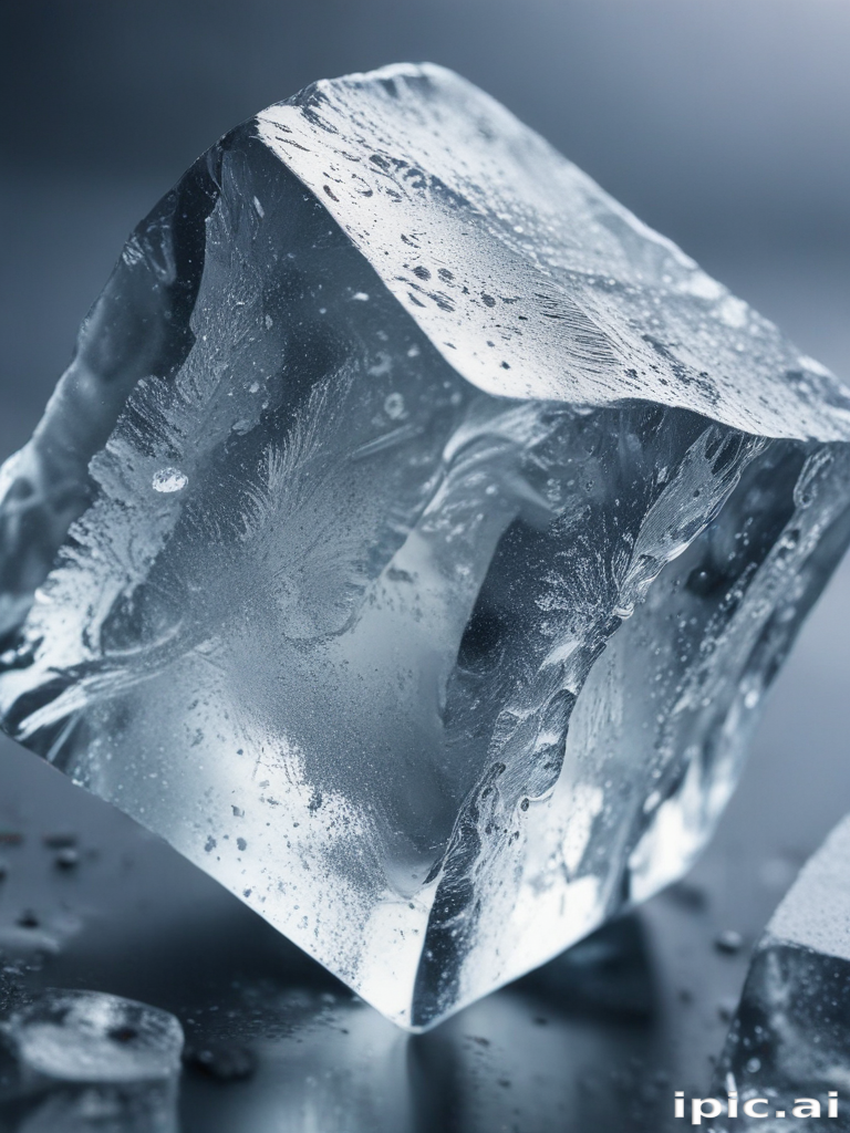Close-Up of a Crystal Clear Ice Cube with Frosty Texture and Reflections