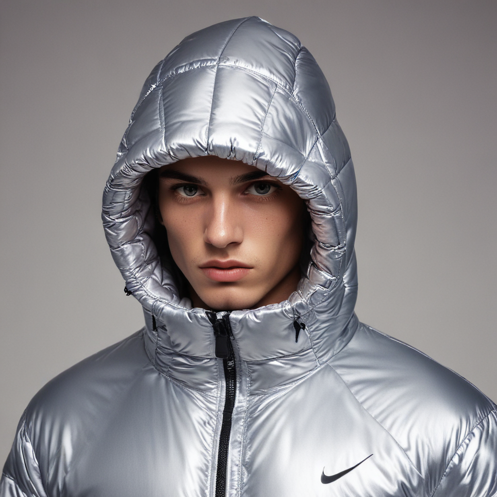 Male supermodel nike shiny puffer jacket bling jewellery hood