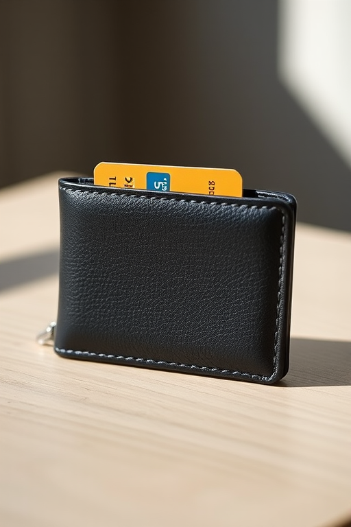 Elegant Black Leather Wallet with Credit Card on a Wooden Surface