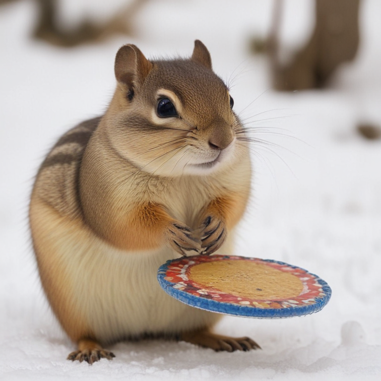 obese chipmunk holding frisbee in snow