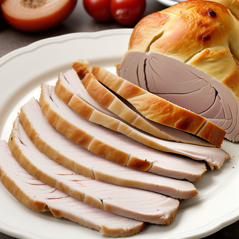 A Deliciously Sliced Roast Turkey on a White Plate with Fresh Ingredients.