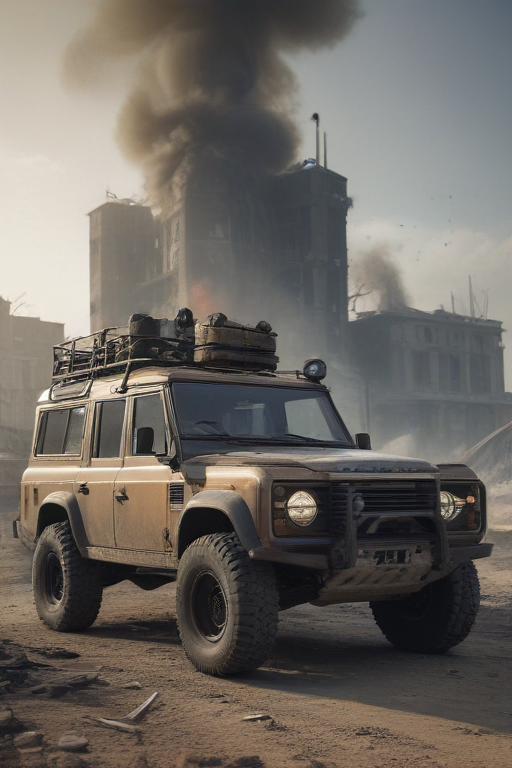 Land Rover LR3 on fire in a post apocalyptic city, with armor plating ...