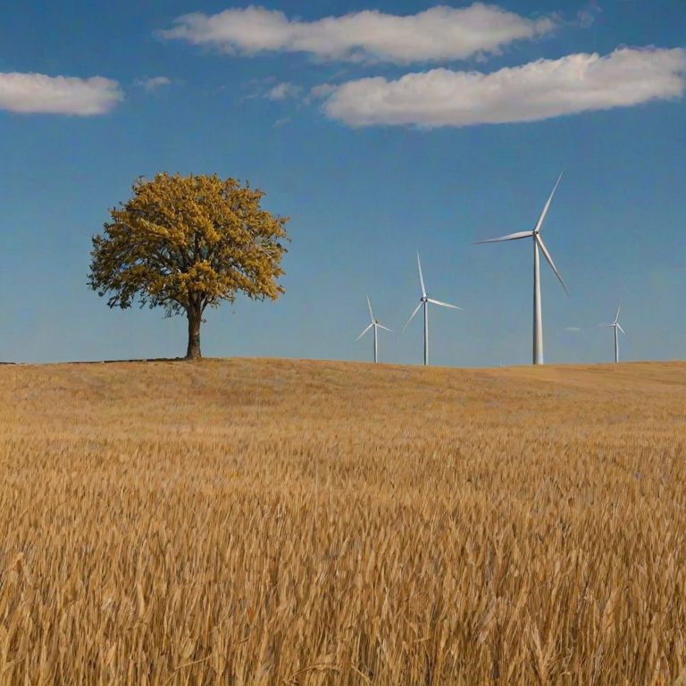 Vast Golden Field with a Majestic Tree and Wind Turbines in Harmony