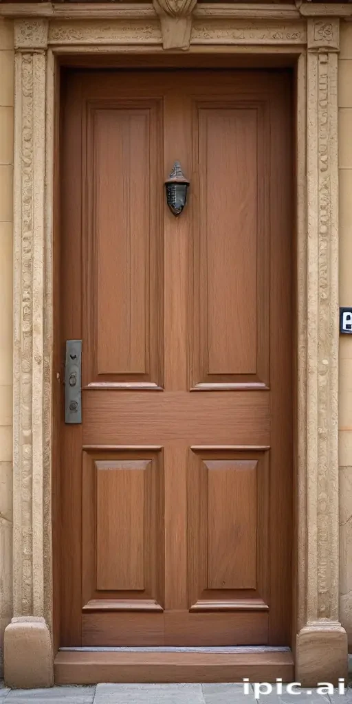 Elegant Wooden Door with Intricate Frame and Stylish Lantern Fixture