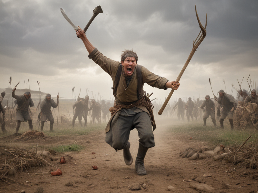 a silly looking peasant knocking a a person over in the middle of a ...