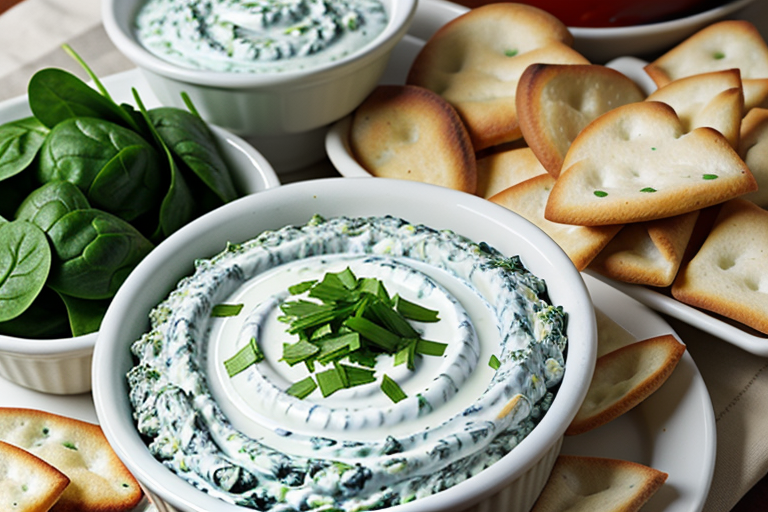 Delicious Spinach Dip Surrounded by Crispy Chips and Fresh Spinach Leaves.