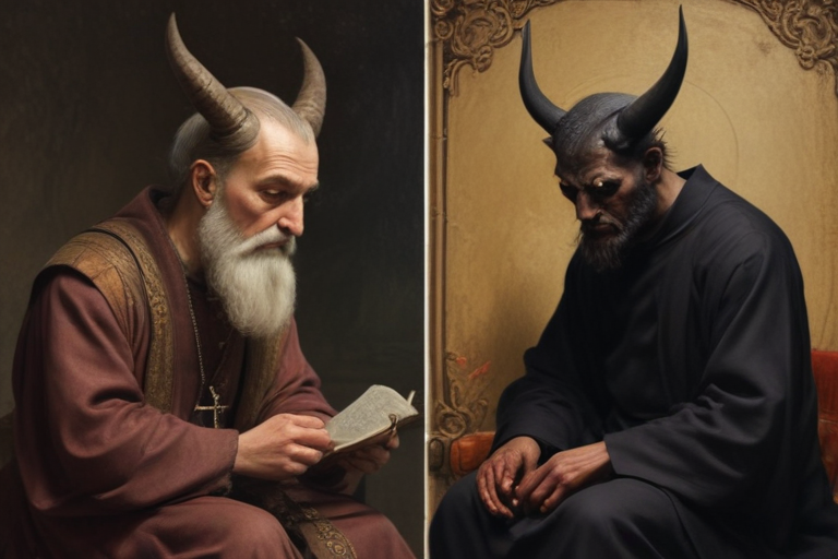 Orthodox art style Devil and normal human sat opposite to each other